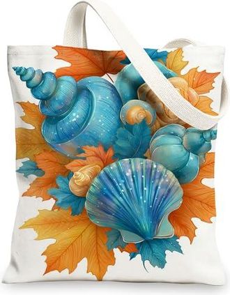 Generic Sacs fourre-tout en toile coquillages, sacs dépicerie réutilisables, motifs coquillages, feuilles dautomne artistiques, légères, lavables, bleu, 13x15