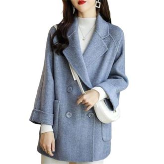 Generic Veste &agrave; col de costume pour femme - Manches longues - Poches amples - Printemps - Hiver - &Eacute;pais - Mi-long - Manteau dhiver en laine - Coupe ample, ble