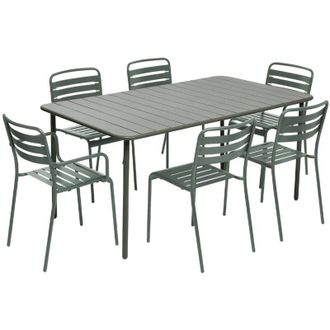 Sweeek Table de jardin m&eacute;tal + 2 fauteuils et 4 chaises. kaki. acier traitement anti rouille