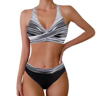 Generic Maillot de bain deux pi&egrave;ces taille haute pour femme - Rembourr&eacute; - Col en V - Dos nu - Bas de bikini, gris, 3XL
