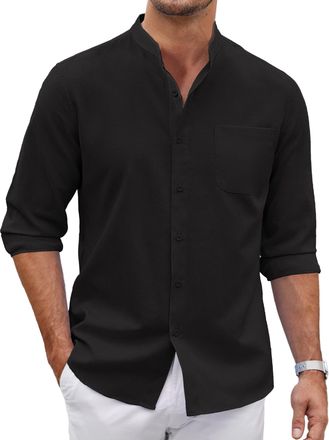 Coofandy Herren-Langarm-Leinenhemd, Bandkragen, Button-Down-Shirt, Oxford-Kleiderhemd, Schwarz, L