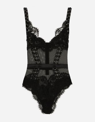Dolce & Gabbana Body Aus Spitze Und Tüll Mit Ösenschnürung - Frau Blusen Und Tops Schwarz Stoff 4