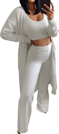 Minetom Femmes Ensemble de 3 Pièces Pyjamas Chaud Toison Polaire Vêtements de Nuit Doux Veste Sweat à Capuche Débardeur Pantalons Longs C Blanc 40