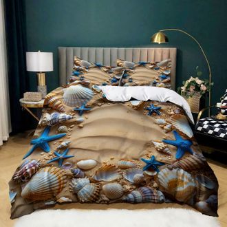 Generic Bettw&auml;sche 135 x 200 cm Strand Sand Muscheln Seesterne Bettbezug, Mikrofaser Bettw&auml;sche-Sets mit 2 Kopfkissenbezug - Weich Bequem Luxus Bettbezug f&uuml;r 