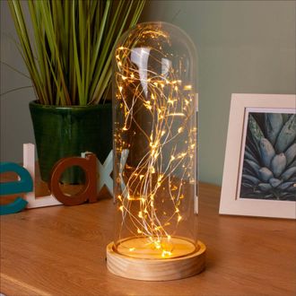 Hellum Glasglocke mit Holzboden und Lichterkette Batterie, 60 LEDs warmwei&szlig;, Glasglocke 13x30cm, mit Batterie (3xAA, nicht inkl.) und Timer, f&uuml;r Innen, Fr&uuml;hl