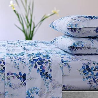 Tribeca Living Azores Home Jolie Bettlaken-Set mit tiefen Taschen, Bedruckt, &Uuml;bergr&ouml;&szlig;e, Queensize-Bett, Blau
