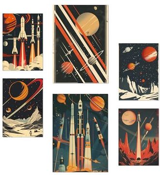 Nacnic Lot de 6 Affiches Vaisseau spatial, fus&eacute;e, plan&egrave;tes tons rouges et bleus vintage illustration design pour d&eacute;corer les murs de la maison. Chambres, bur