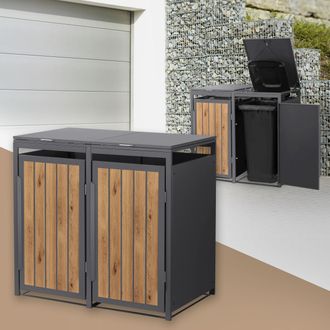 ML Design ML-Design M&uuml;lltonnenbox 2er, M&uuml;lltonnenverkleidung Anthrazit-Holzoptik f&uuml;r 2 Tonnen, 240L, 132x80x120 cm, aus Stahl, M&uuml;llbox wetterfest mit Klappdecke
