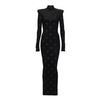 Balmain Femme, Robes, Noir, Taille: 40 FR Robe longue en maille bouclette vichy