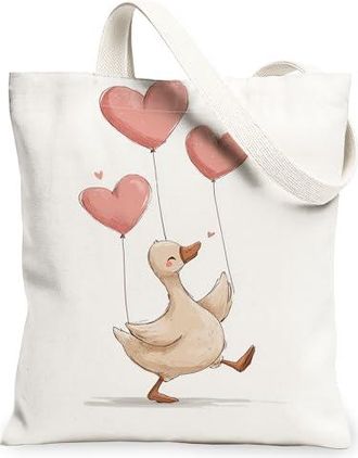 Generic Sac fourre-tout en toile de canard mignon, adorable motif coeur, sacs d&eacute;picerie r&eacute;utilisables, printemps vintage, l&eacute;ger, lavable, blanc, 13x15 Inch