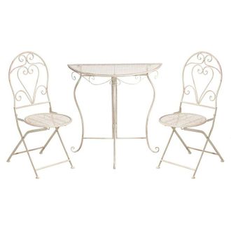 Beliani Balkonset Hellbeige Eisen 3-teilig Antik-Optik Romantischer Franz&ouml;sischer Stil Halbrunder Tisch mit 2 St&uuml;hlen Klappbar Garten Outdoor Terrasse