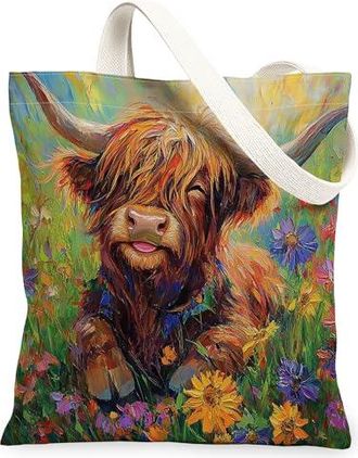 Generic Sac fourre-tout en toile motif vaches Highland printani&egrave;res pour le shopping, 33 x 38 cm, sac d&eacute;picerie r&eacute;utilisable pour femme, motif animal, voyage,