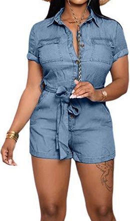 Generic Combinaison en jean pour femme petite taille - Combinaisons courtes d&eacute;t&eacute; pour femmes - Combinaisons de sortie en denim court salopette short combinais