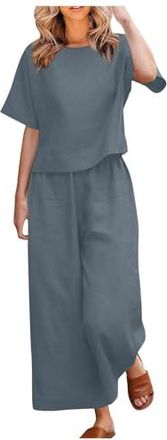 Generic Tenues deux pi&egrave;ces pour femme - Haut court &agrave; manches courtes avec pantalon large - Ensemble assorti pour l&eacute;t&eacute; - Essentiel pour les vacances, gris fonc