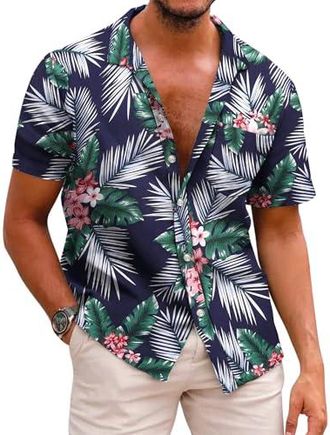 Coofandy Chemise Hawaienne Homme Manches Courtes Funky Imprimé Hawaii pour Plage Vacances avec Poche-Avant Chemise dÉté Décontractées B-Feuilles de Palmier XXL