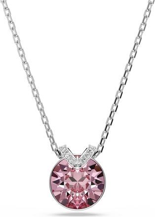 Swarovski Bella V Anhänger, Rhodinierte Damenhalskette mit Zentralem, Rosafarbenem Kristallelement im Rundschliff und Schimmerndem Kristallpavé, Länge: 38-43 cm