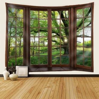 Generic Tenture Murale Paysage de Fenêtre Tapisserie Murale Arbre de Printemps 200x200 cm Tissu Mural Wall Art Tapestry Décoration Poster pour Chambre Salon A