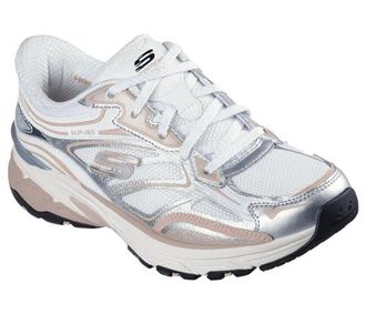 Skechers Femme Stamina Sport Basket, Silver Duraleather/White Mesh/Pink Trim, 39 EU