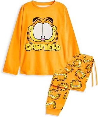 Garfield Ensemble Pyjama Femme | Adultes Lazy Cat Graphic Haut à Manches Longues et Bas de Pyjama à Jambe Longue en Orange | Personnage de Chat de Dessin animé