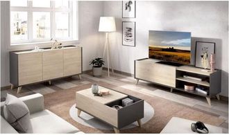 Les Tendances Les Tendances - Ensemble Meuble tv 155cm + buffet 3 portes 155cm + Table basse relevable - Chene naturel et graphite - ness