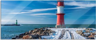 Pixxprint Glasbild Panorama, Wandbild aus Echtglas, Molentürme in Warnemünde im Winter, 120x50 cm, inkl. Aufhängung und Abstandshalter