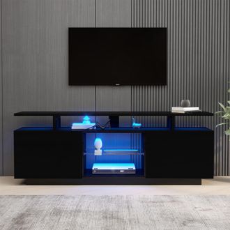 Generic TV Schrank Schwarz Mit App Gesteuerter LED Beleuchtung Und USB Anschluss Zwei T&uuml;ren Mit Hochglanz Front Und Offenen F&auml;chern Solides Lowboard Stehend A