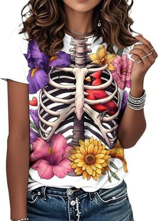 Generic T-shirts dHalloween pour femmes, squelette floral | T-shirts graphiques &agrave; manches courtes coupe r&eacute;guli&egrave;re v&ecirc;tements d&eacute;t&eacute; - pour voyage, Fleur c&ocirc;tel&eacute;e,