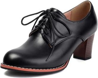 Generic Chaussures Oxford en Cuir à Bout Rond pour Femmes Chaussures Vintage à Lacets Brogues Chaussures habillées à Talon mi-épais Confortable de Travail Cha