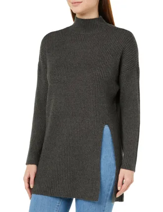 Only Damen Onlkatia Ls Long Slit Highneck Knt Dark Grey Melange S