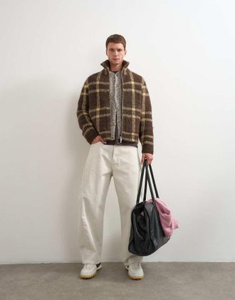 Topman pull en maille &agrave; carreaux coupe relaxed zipp&eacute; int&eacute;gral marron