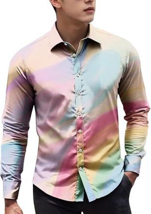 Generic Chemise &agrave; manches longues pour homme - Chemise boutonn&eacute;e multicolore - Grande taille - Chemise daffaires infroissable - Chemisier de bureau - Col &agrave; re