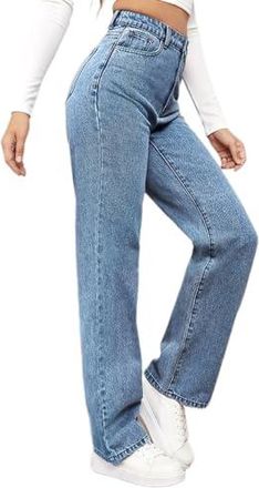 Generic Jean pour femme - Jambes larges - Taille haute - Pantalon en jean surdimensionn&eacute; Boyfriend - Coupe ample - Pantalon de loisirs - Couleur unie - Jambe 