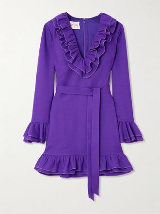 Valentino Garavani Mini-robe En Cr&ecirc;pe De Laine Et De Soie M&eacute;lang&eacute;es &Agrave; Volants Et &Agrave; Ceinture - Violet