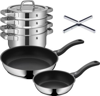 WMF Set 3-teilig Compact Cuisine Topfset Induktion 4-teilig mit Glasdeckel und Devil Pfannenset Induktion 2-teilig und Mister X Topfuntersetzer Edelstahl 