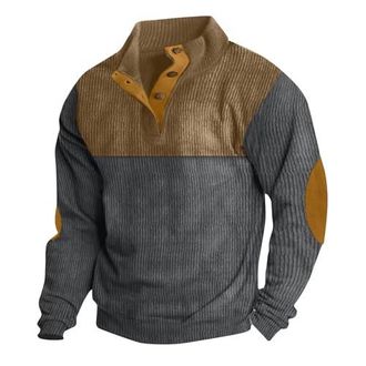 Generic Sweat-shirt chaud en velours c&ocirc;tel&eacute; d&eacute;contract&eacute; &agrave; col montant pour homme - Pull &agrave; manches longues avec coudi&egrave;res, gris, XXL