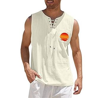 Generic Gilet en coton et lin pour homme - Haut de sport d&eacute;contract&eacute; - Sans manches - Pour le sport - Peinture - Fitness - D&eacute;bardeur musculaire, beige, XXL