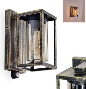 HOFSTEIN Außenwandleuchte Portalis, Außenleuchte mit Bewegungsmelder aus Metall/Glas in Schwarz-Gold/Rauchfarben, Wechselglas Klar, moderne Wandlampe für Einga