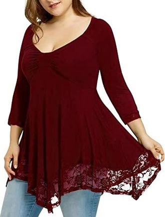 Generic Haut Femme Manche 3/4 Grande Taille Push Up - Tunique Chic et Élégant Couluer Unie Ourlet Dentelle Chemise Décontracté Léger et Respirant Col Rond Tun