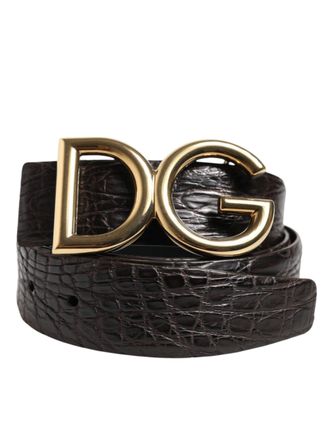 Dolce & Gabbana Mens Black Exotic Leather Dg Logo Buckle Belt Caiman