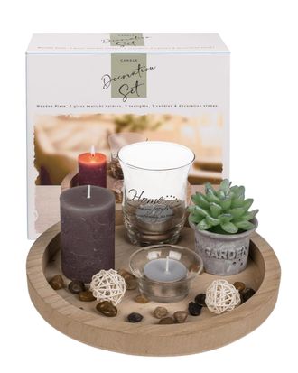 Out of the Blue Dekoteller Holz rund - Durchmesser 25 cm - Rustikales Deko-Set mit 2 Glas-Teelichthaltern, Kerzen & Steinen - Tischdeko im Landhausstil & Geschenkidee