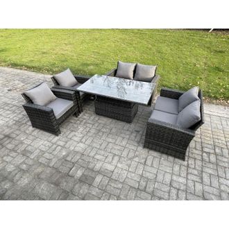 Fimous Rattan Gartenm&ouml;bel Set im Balkon 6-Sitzer Einstellbare H&ouml;he Esstisch Sofa Set mit Doppelsitz-Sofa Dunkelgrau Gemischt - Fimous