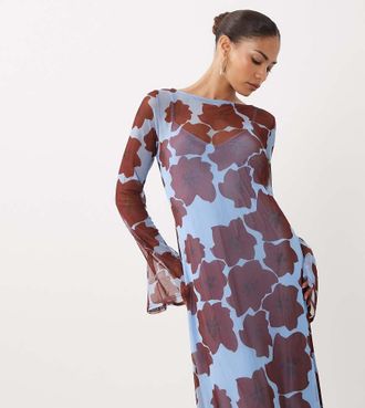 Never Fully Dressed Petite Mesh-Maxikleid mit langen &Auml;rmeln und Rundhalsausschnitt im Mohnblumenmuster-Multi