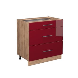 Vicco K&uuml;chenunterschrank Fame-Line, Bordeaux Hochglanz/Goldkraft Eiche, 80 cm mit 3 Schubladen, ohne Arbeitsplatte