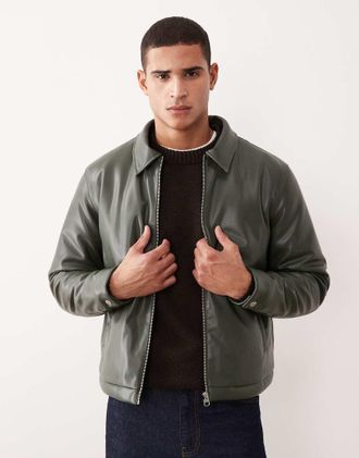 Asos Blouson Harrington en similicuir - Vert-Bleu marine