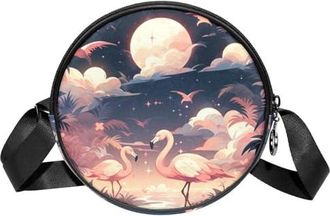 Generic Sac &agrave; bandouli&egrave;re rond pour femme, motif flamants roses, petit sac &agrave; bandouli&egrave;re avec fermeture &eacute;clair, bretelles r&eacute;glables, sac &agrave; main rond d&eacute;contrac
