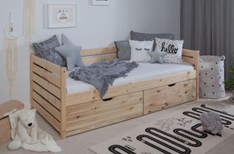 Ticaa Einzelbett Sofabett Funktionsbett, Naomi mit Schubkasten f&uuml;r Schlafzimmer, Kinderzimmer Kiefer Massivholz Bettgestell 90 x 200 cm