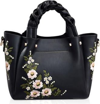 Nicole & Doris Sac à Main Brodé Sac Décontracté pour Femmes Sac portés Main Sac Fourre-Tout en Simili Cuir Sac à Bandoulière avec Poignées Tressées Noir