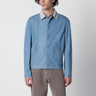 Brunello Cucinelli Blue denim jacket with suede collar
