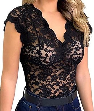 ORANDESIGNE Femme Tee Shirt Femme Débardeur Sexy Dentelle Debardeur Col en V Chemisier Chic Tops Décontracté Tank Débardeurs Causal sans Manches B Noir S