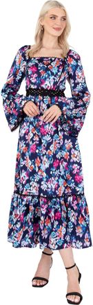 Lovedrobe Womens Midaxi Dress Ladies Long Bell Sleeve Square Neck Empire A-line Ruffle Boho Floral Flowy for Wedding Guest Casual, Marineblau, 54
